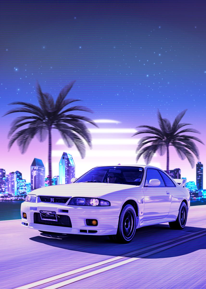 'Nissan Skyline R33 Synthwave' Poster, picture, metal print, paint by ...
