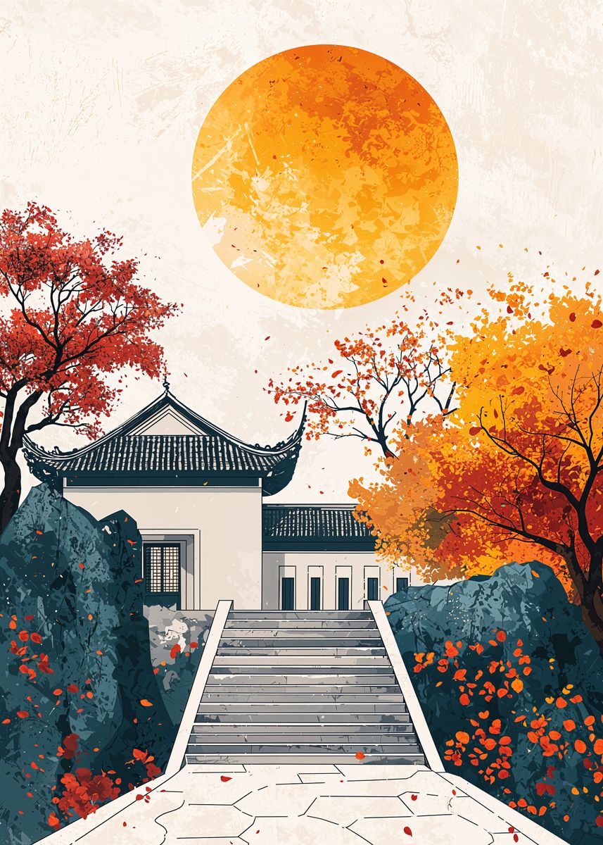 'Autumnal Japanese Garden' Poster, picture, metal print, paint by ...