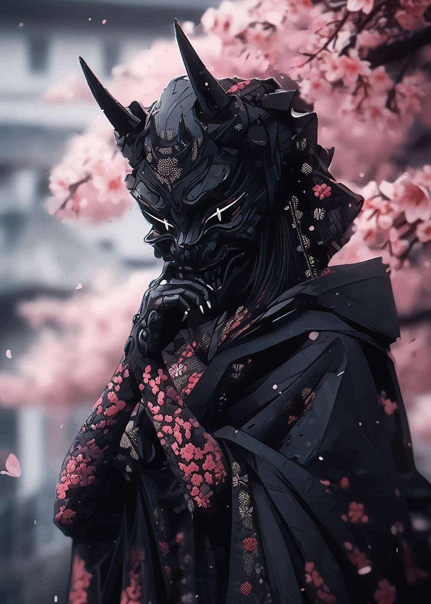 'Oni Mask with Cherry Blossoms' Poster, picture, metal print, paint by ...