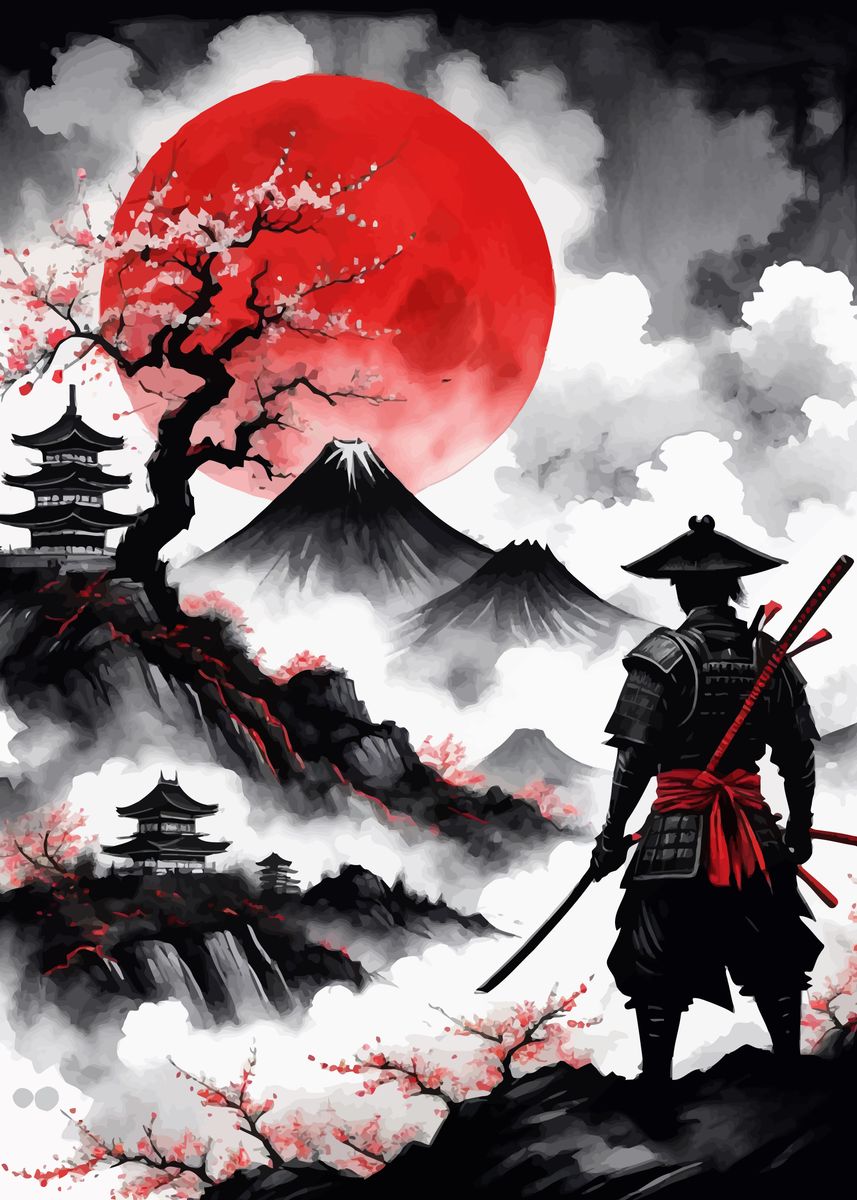 'Samurai and Red Moon' Poster, picture, metal print, paint by DUMBROS ...