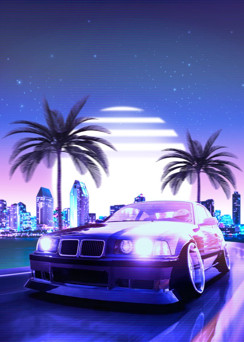 'BMW E36 Retro Car Synthwave' Poster, picture, metal print, paint by ...