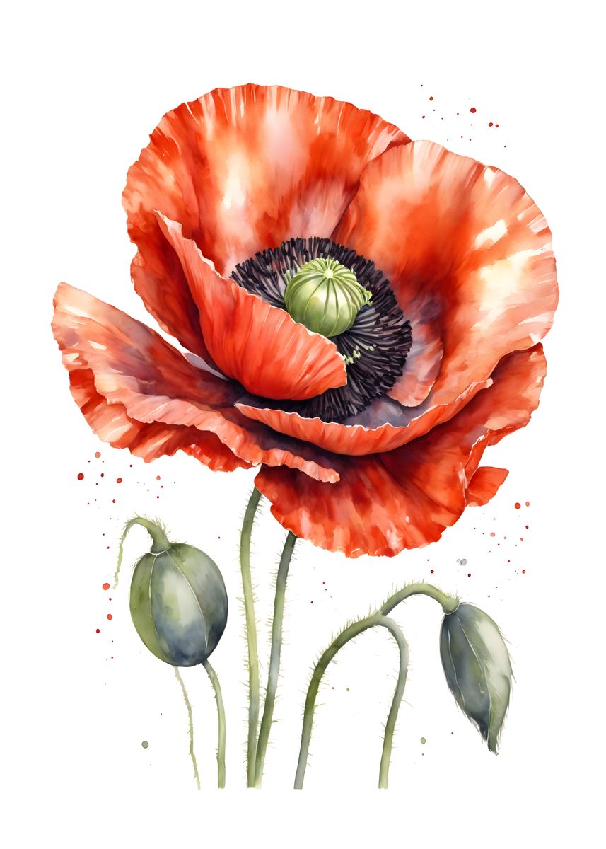 'Red Watercolor Poppy Flower' Poster, picture, metal print, paint by ...
