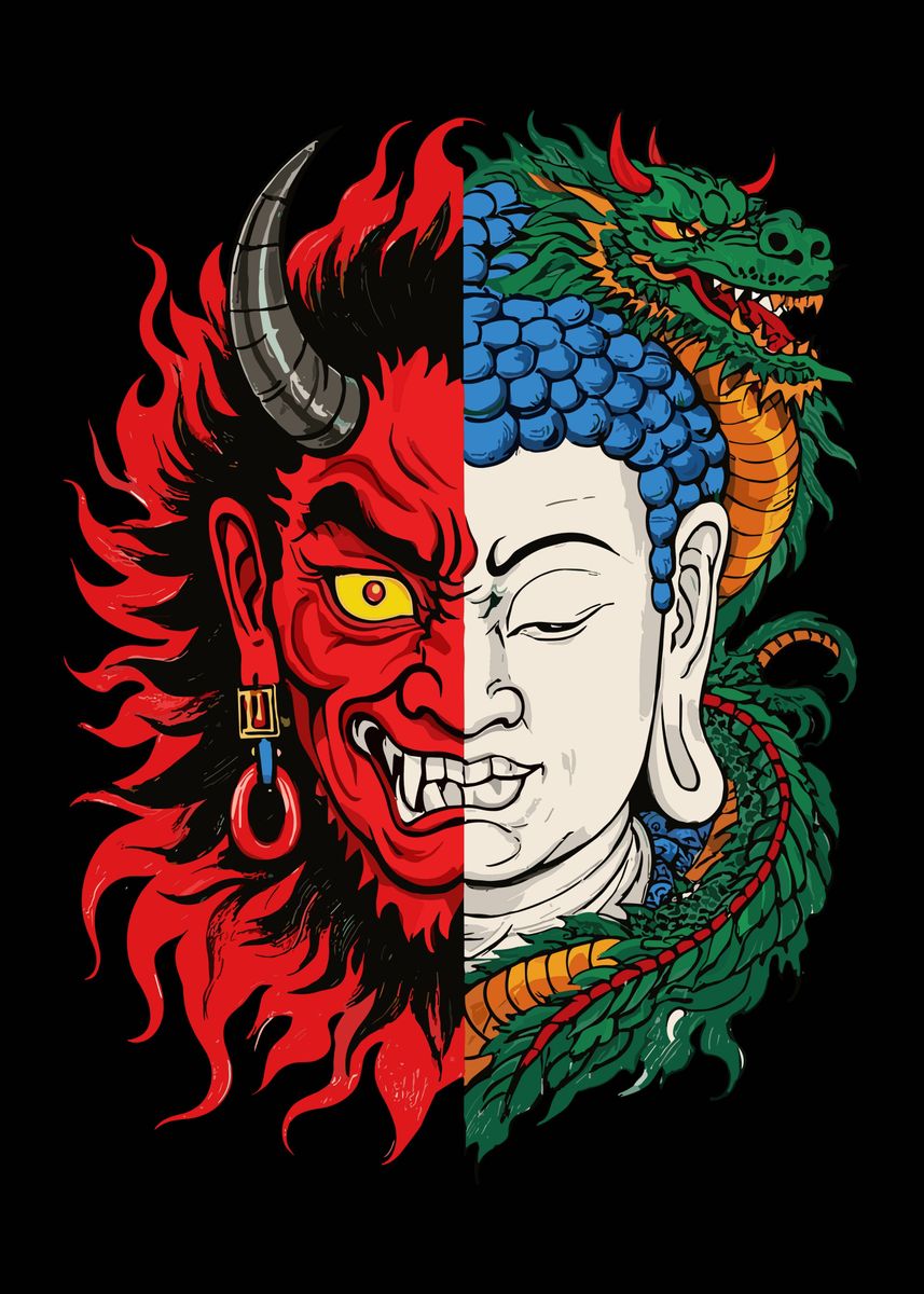 'Devil & Buddha Dragon' Poster, picture, metal print, paint by Ba Ab | Displate