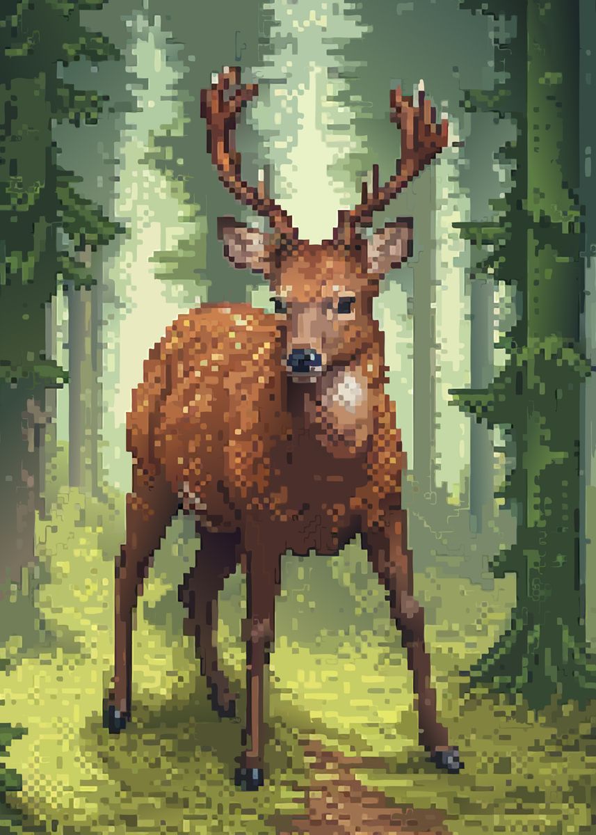 'Pixel Deer in Forest' Poster, picture, metal print, paint by Theo ...