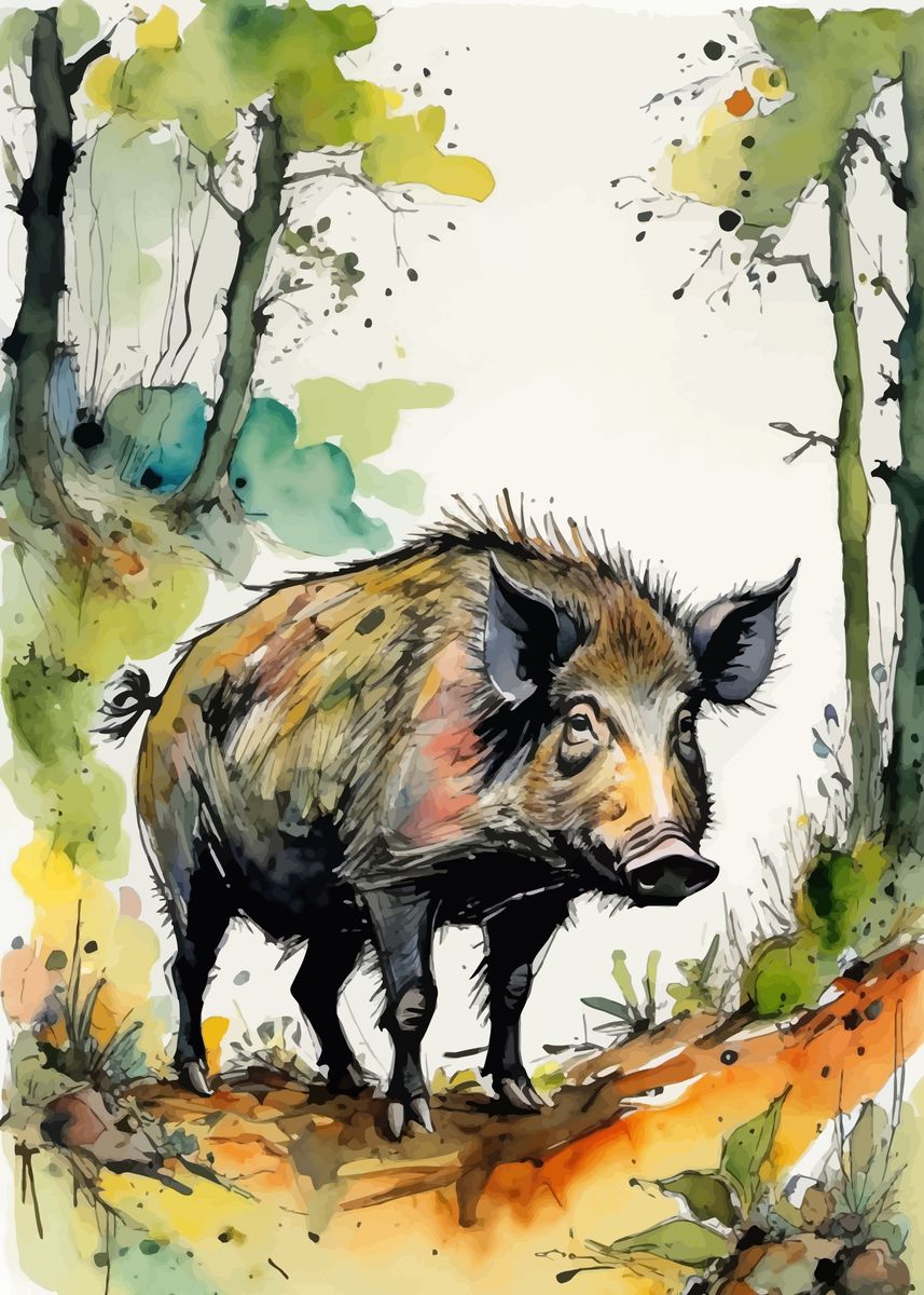 'Watercolor Wild Boar' Poster, picture, metal print, paint by DUMBROS ...