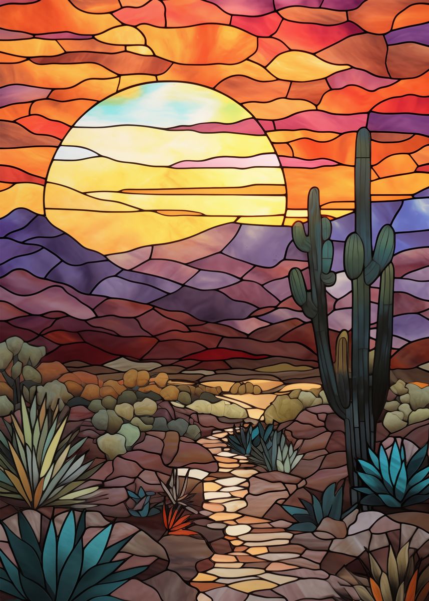 'Stained Glass Desert Sunset' Poster, picture, metal print, paint by ...