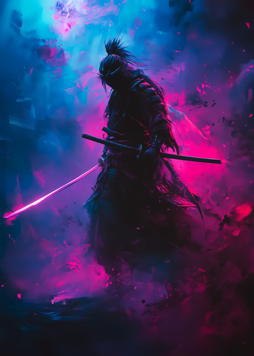 'Samurai in Neon Light' Poster, picture, metal print, paint by K3xiao ...
