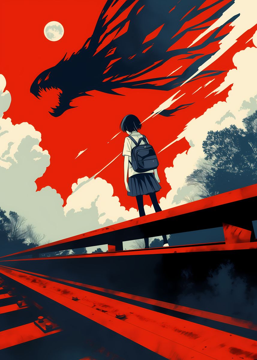 'Anime Girl Facing Shadow Monster' Poster, picture, metal print, paint ...