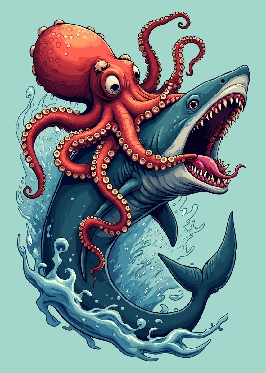 'Octopus vs Shark' Poster, picture, metal print, paint by Ba Ab | Displate