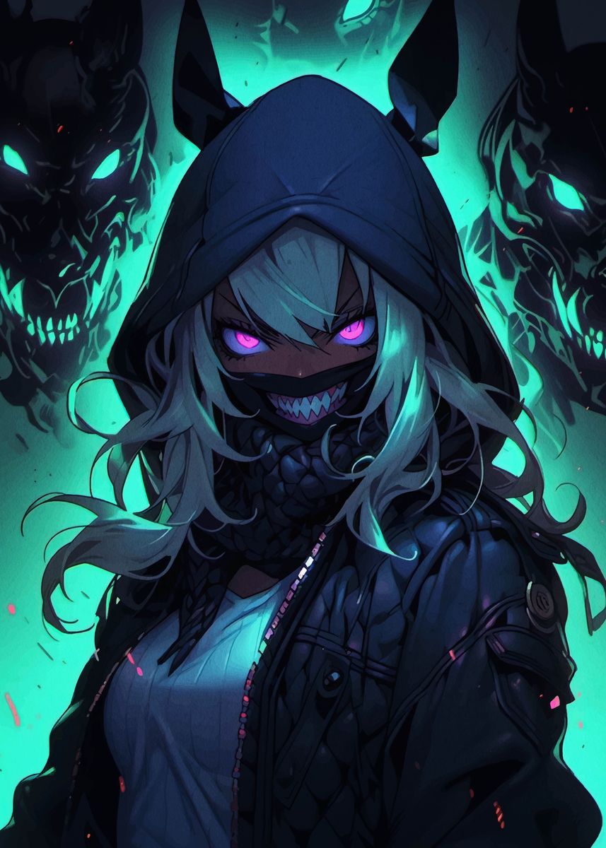 'Anime Girl with Demon Masks' Poster, picture, metal print, paint by ...