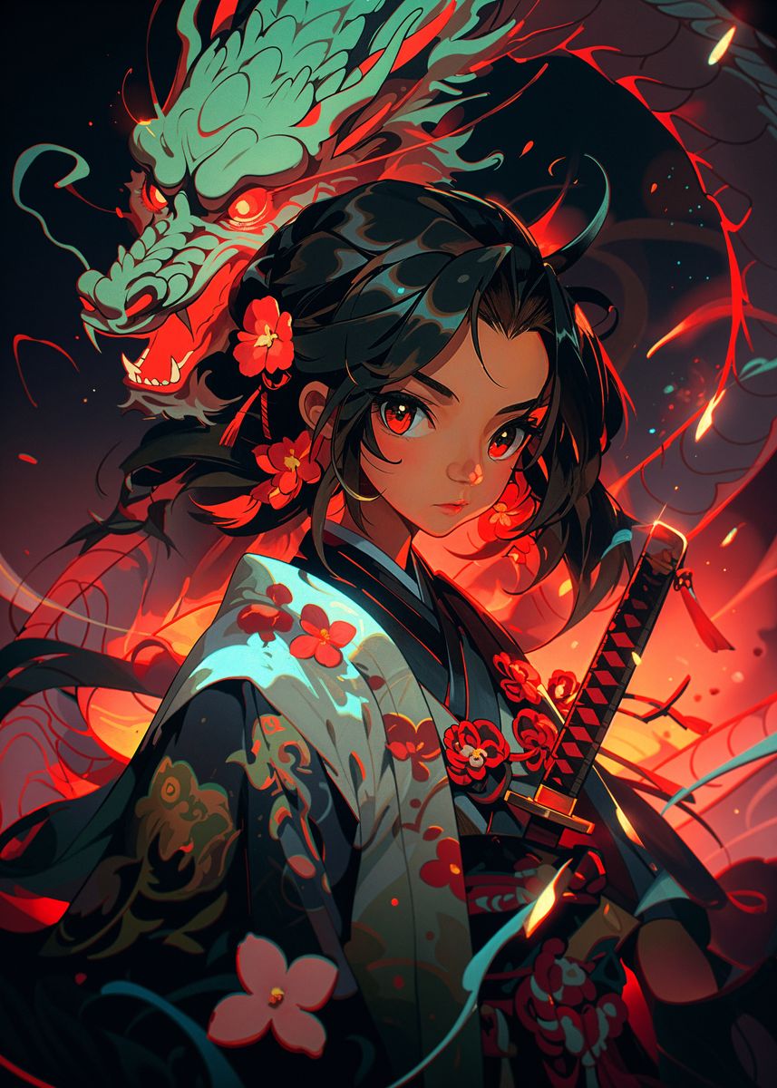 'Dragon & Samurai Girl' Poster, picture, metal print, paint by ...