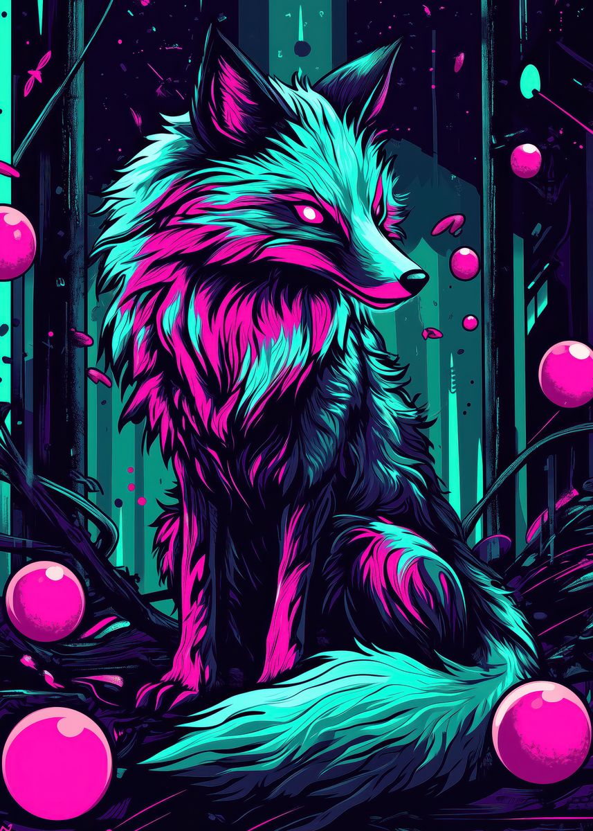 'Neon Fox' Poster, picture, metal print, paint by Spooky Blob | Displate