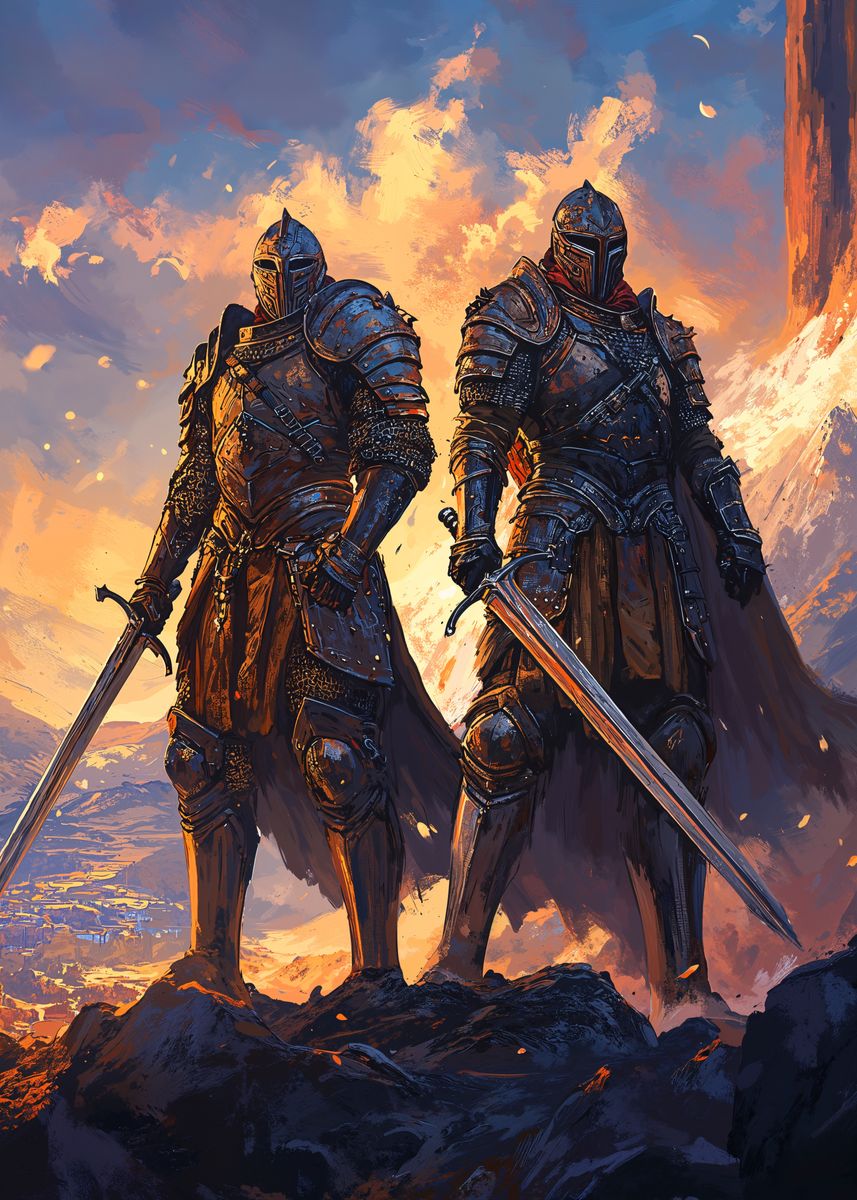 'Two Knights at Sunset' Poster, picture, metal print, paint by Powerful ...