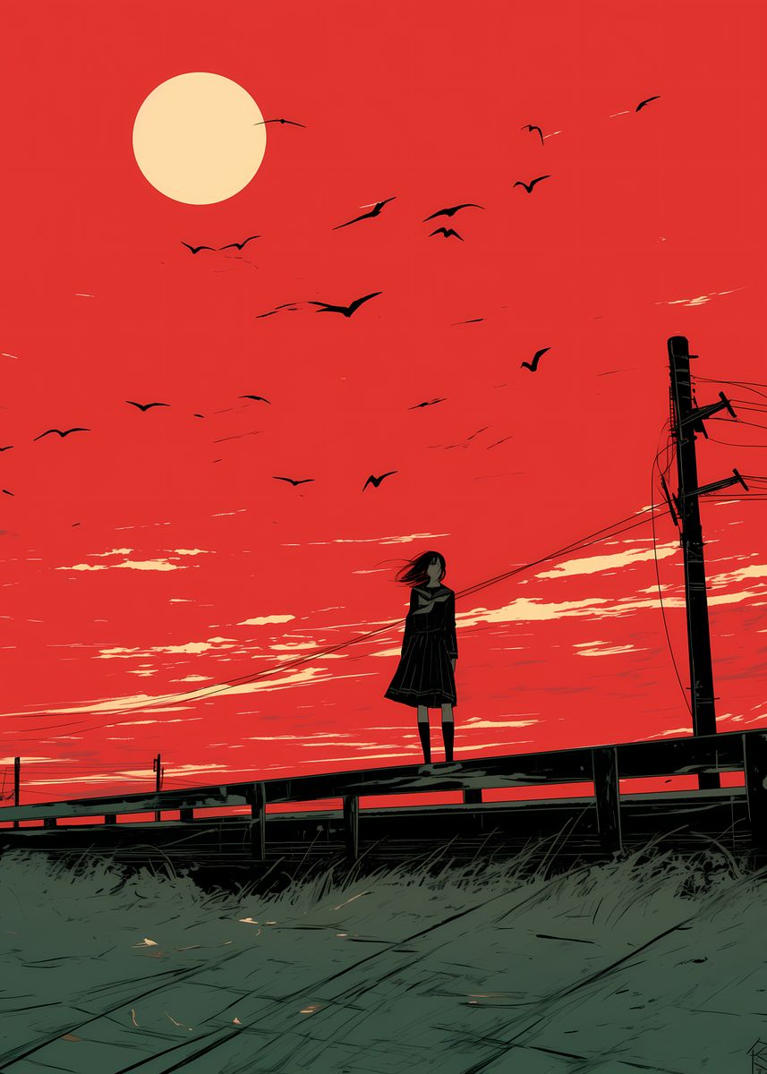 'Silhouette Girl Sunset' Poster, picture, metal print, paint by ...