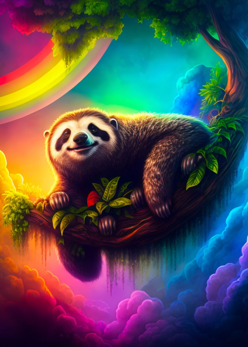 'Smiling Sloth in Rainbow Sky' Poster, picture, metal print, paint by ...