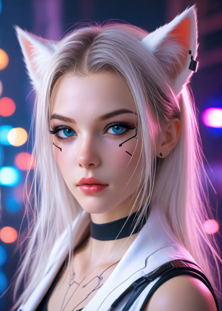 'Cyberpunk Cat Girl Portrait' Poster, picture, metal print, paint by ...