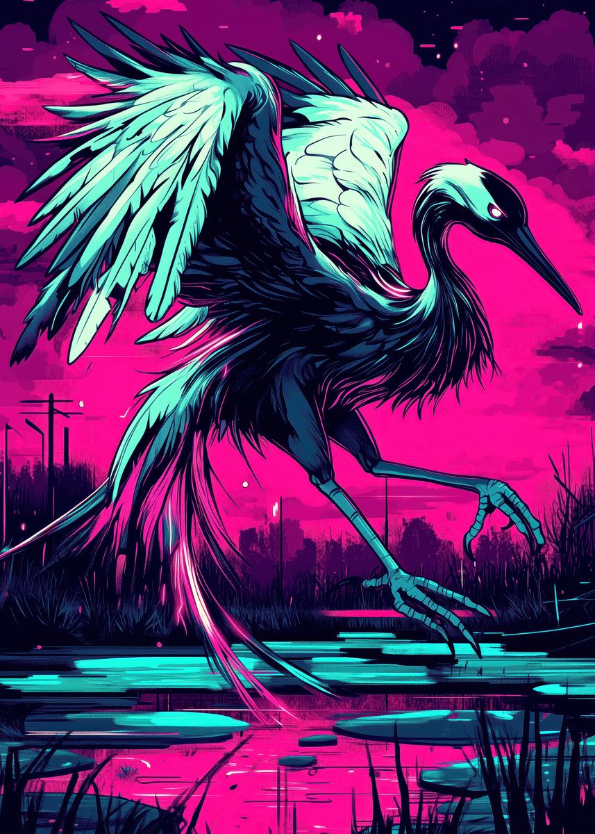 'Neon Crane' Poster, picture, metal print, paint by Spooky Blob | Displate