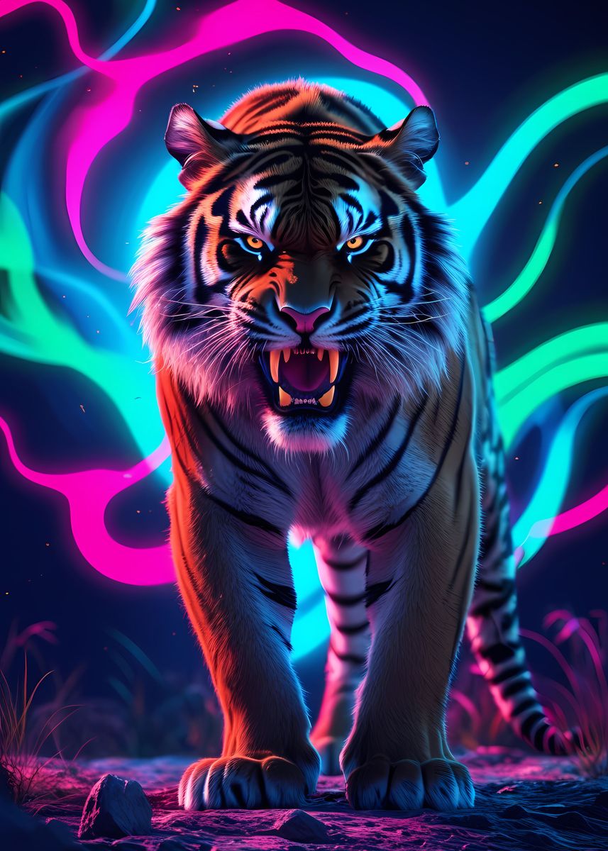 'Powerful Neon Tiger' Poster, picture, metal print, paint by Devran ...