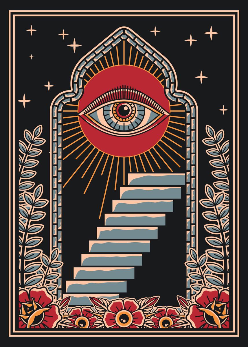 'Eye with Stairs & Flowers' Poster, picture, metal print, paint by ...