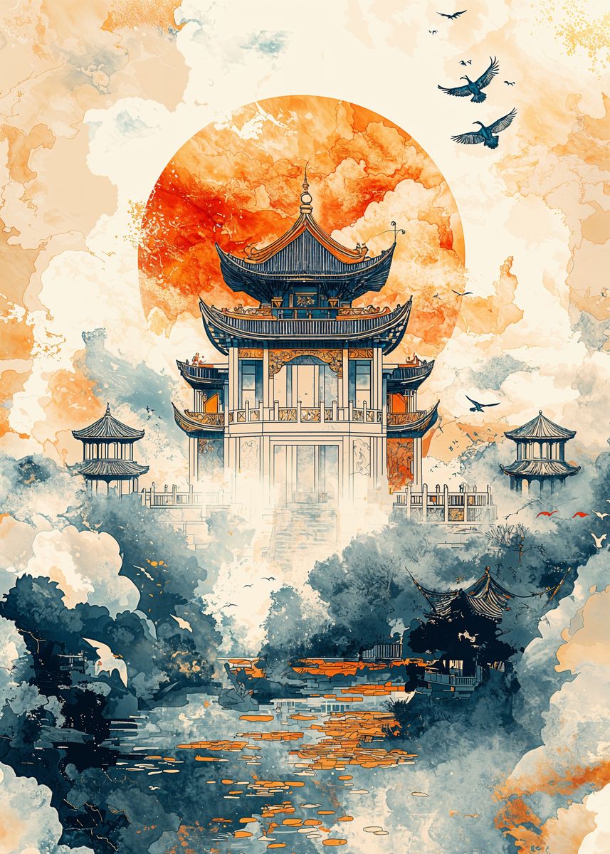'Chinese Pagoda Sunset' Poster, picture, metal print, paint by ...