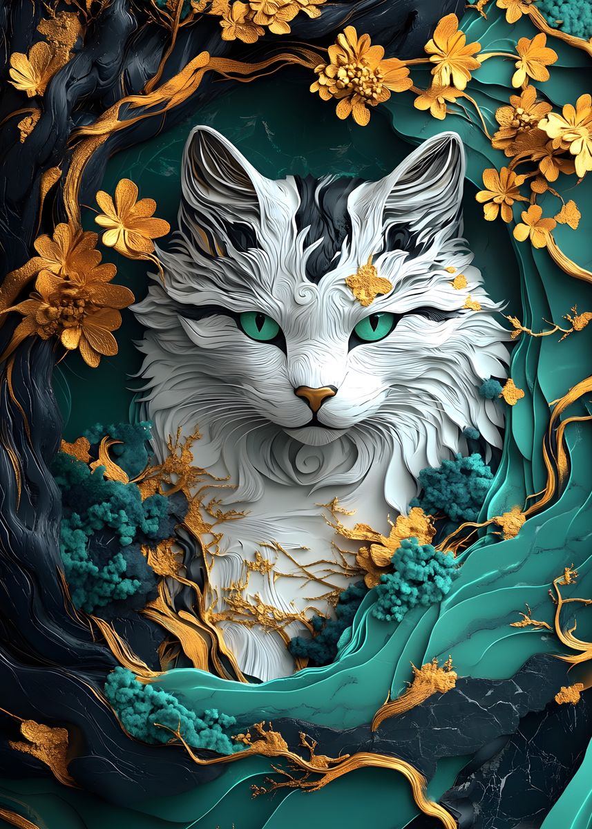 'Nature Cat Kintsugi' Poster, picture, metal print, paint by Chromapix ...