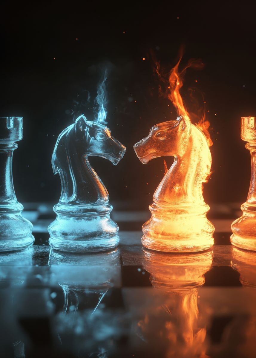 'Fire and Ice Chess Knights' Poster, picture, metal print, paint by ...