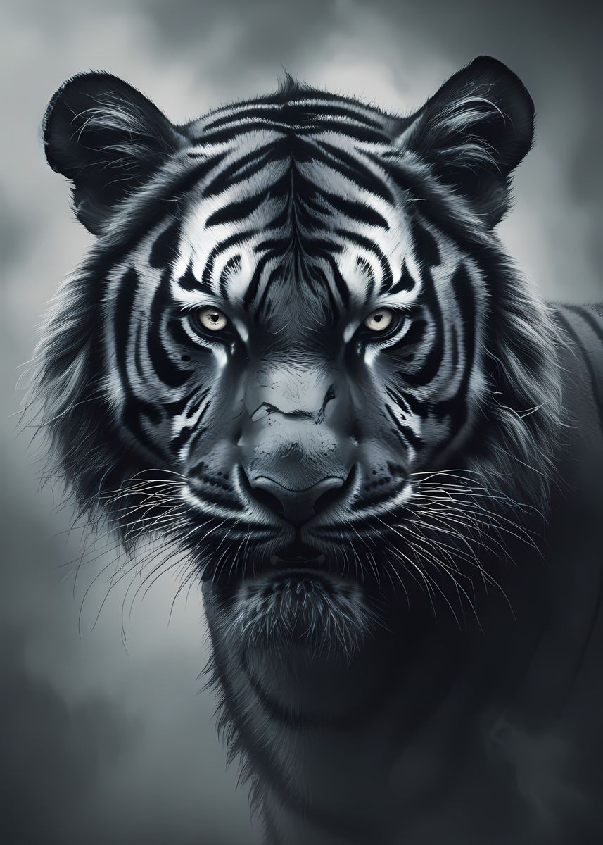 'Black and White Tiger Portrait' Poster, picture, metal print, paint by ...