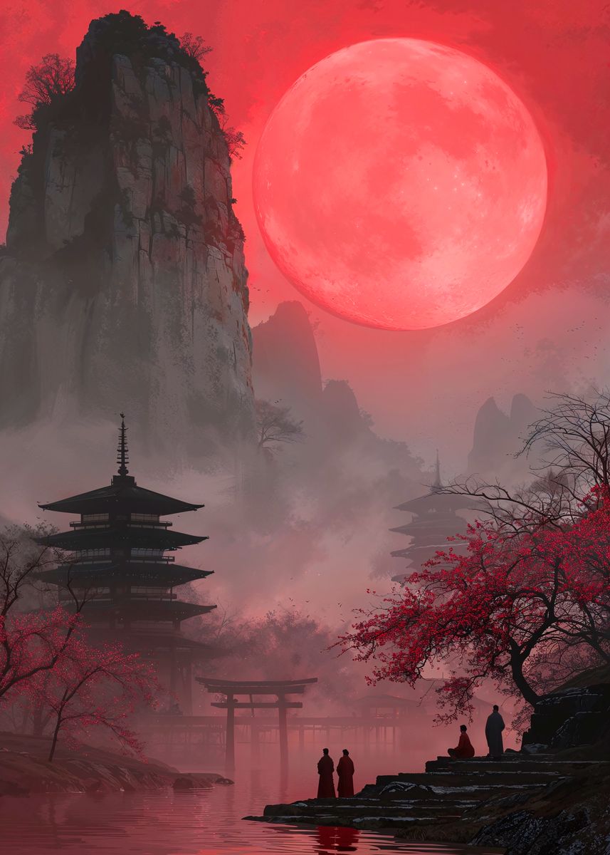 'Red Moon Over Pagoda' Poster, picture, metal print, paint by shakes ...