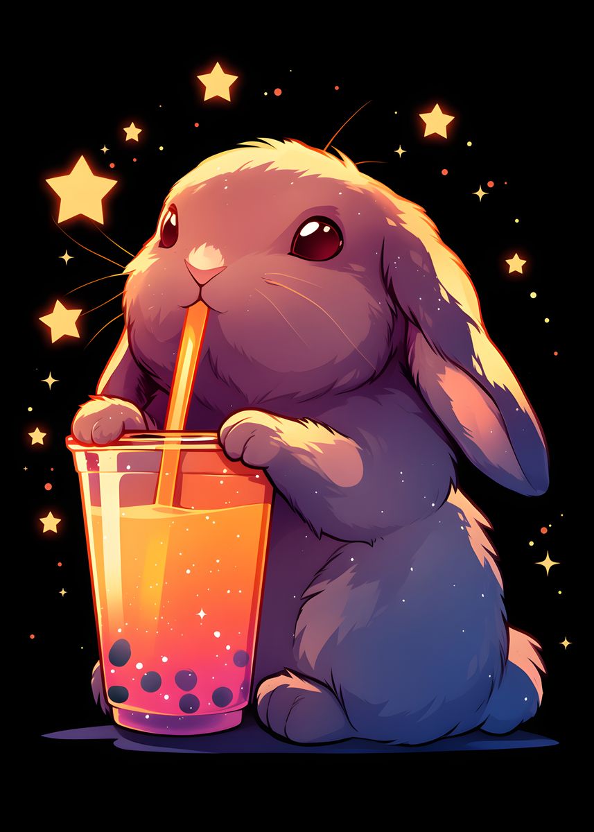 'Cute Bunny with Boba Tea' Poster, picture, metal print, paint by ...