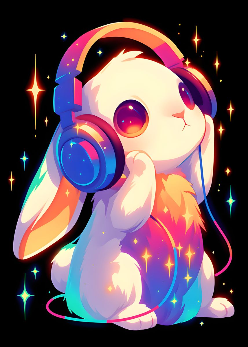 'Cute Bunny with Headphones' Poster, picture, metal print, paint by ...