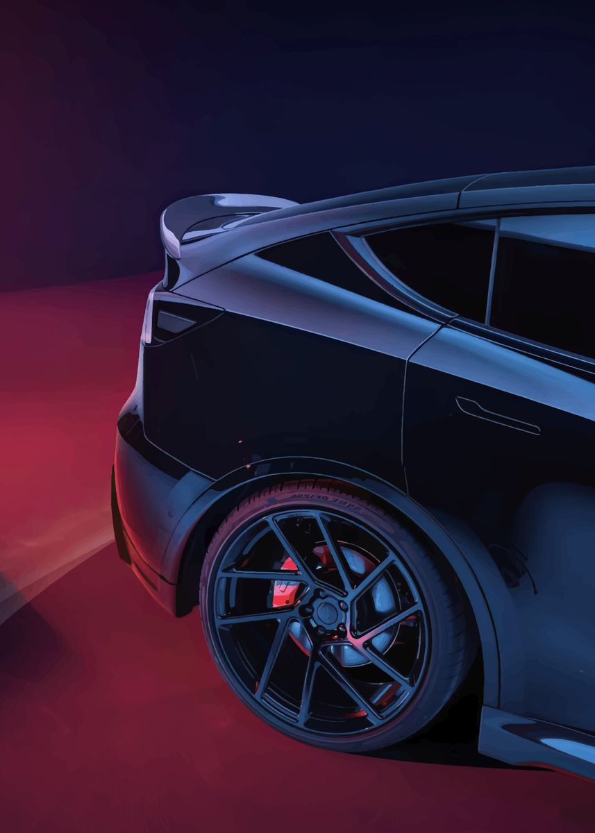 'Black Tesla Model Y Rear View' Poster, picture, metal print, paint by ...