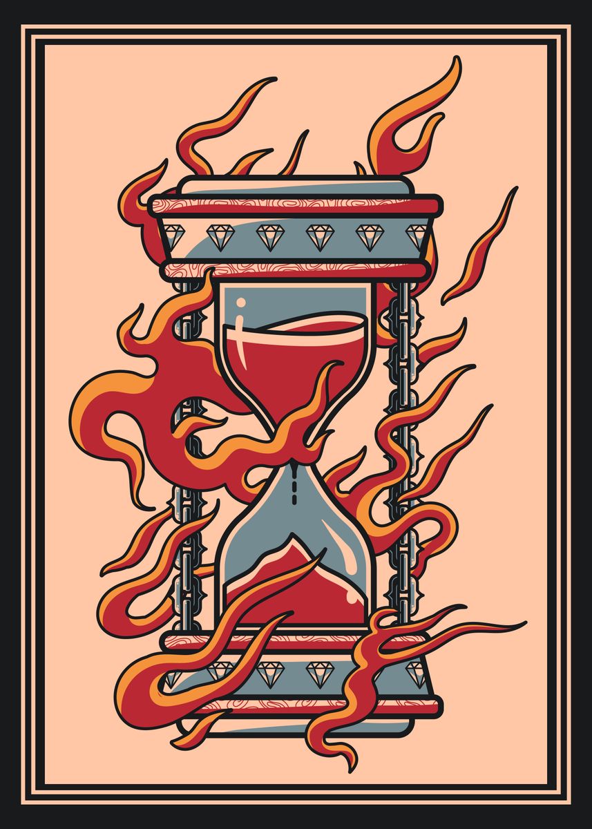'Flaming hourglass vintage illustration' Poster, picture, metal print ...