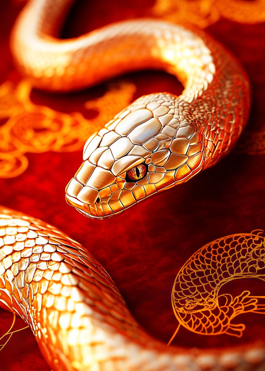 'Golden Snake on Red Background' Poster, picture, metal print, paint by ...