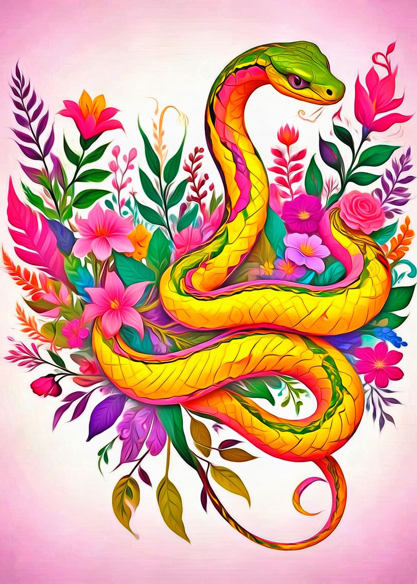 'Colorful Snake in Flowers' Poster, picture, metal print, paint by ...
