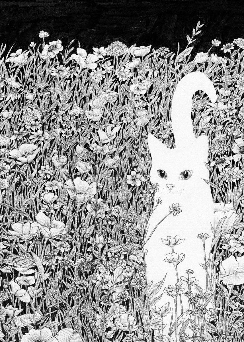 'White Cat in Flower Field' Poster, picture, metal print, paint by Ella ...