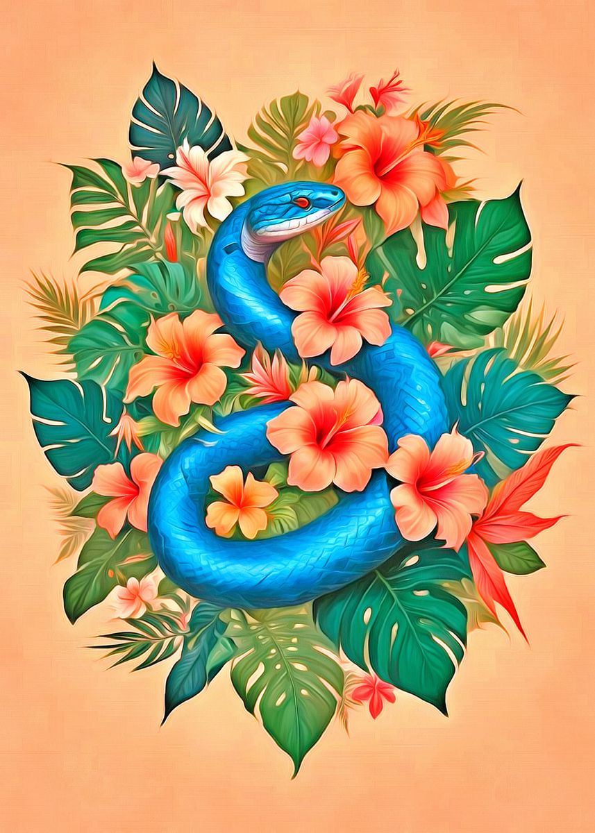 'Blue Snake in Tropical Flowers' Poster, picture, metal print, paint by ...