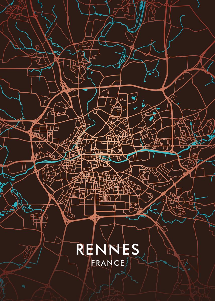 'Rennes City Map' Poster, picture, metal print, paint by Miracle Studio ...