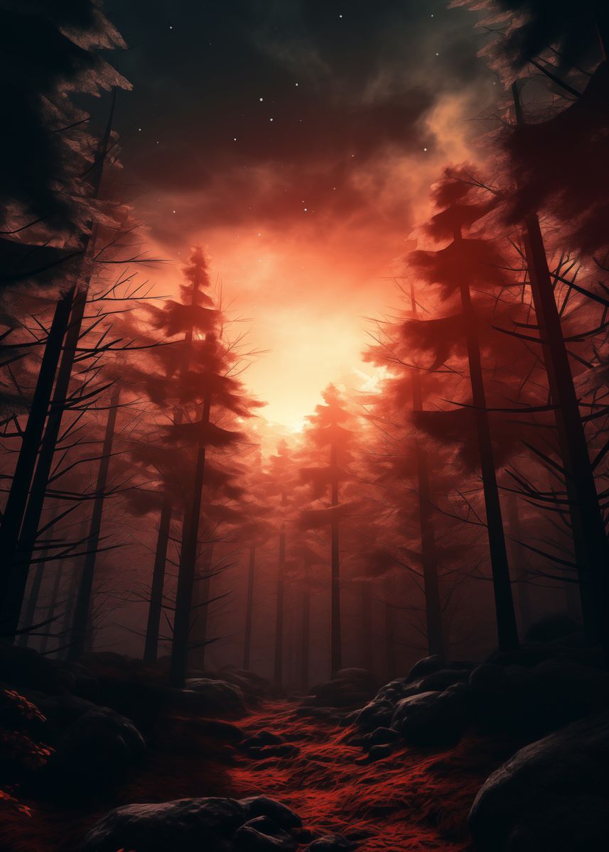 'Red Forest Night' Poster, picture, metal print, paint by Roman Stasiuk ...