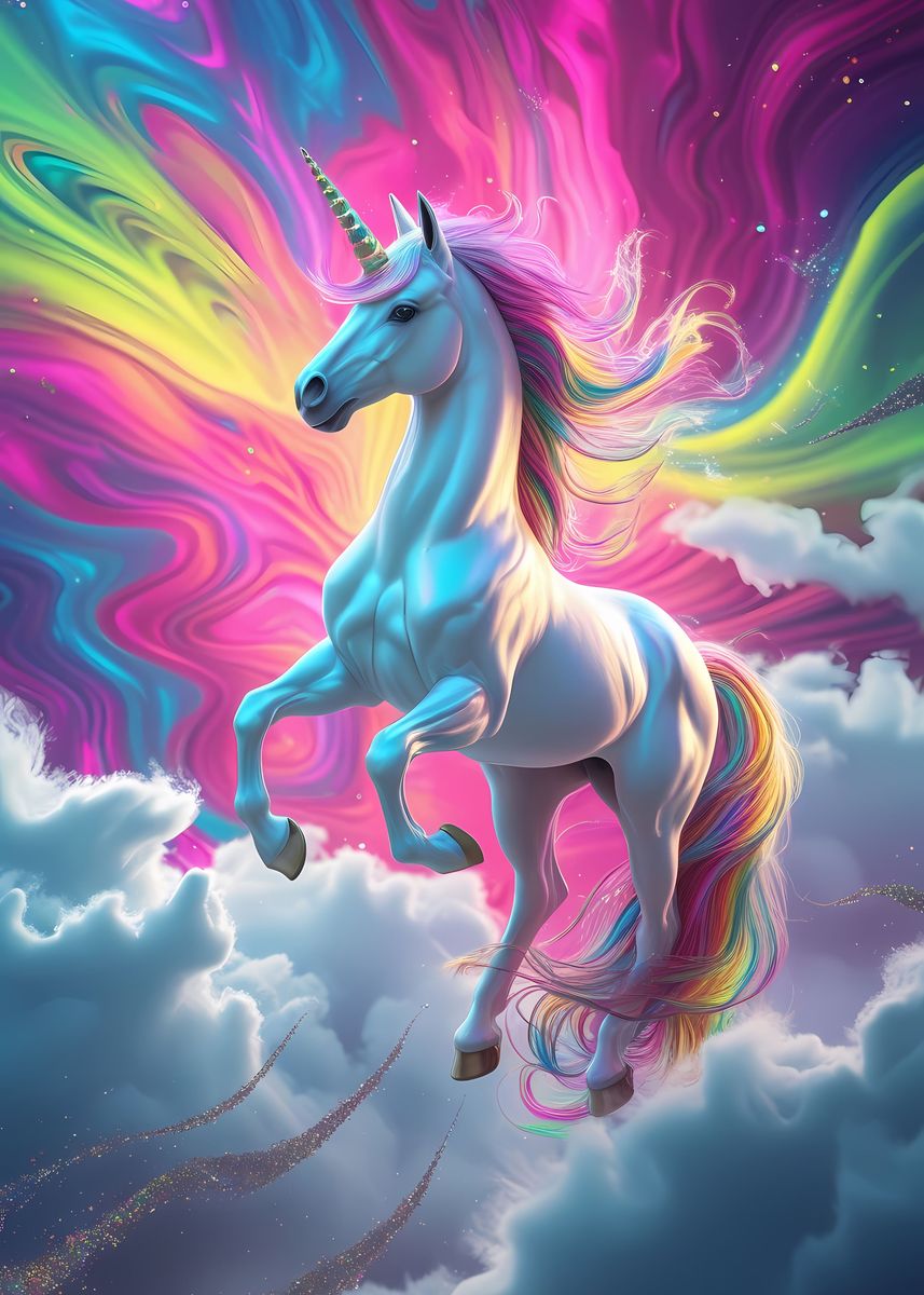 'Rainbow Unicorn in Clouds' Poster, picture, metal print, paint by ...