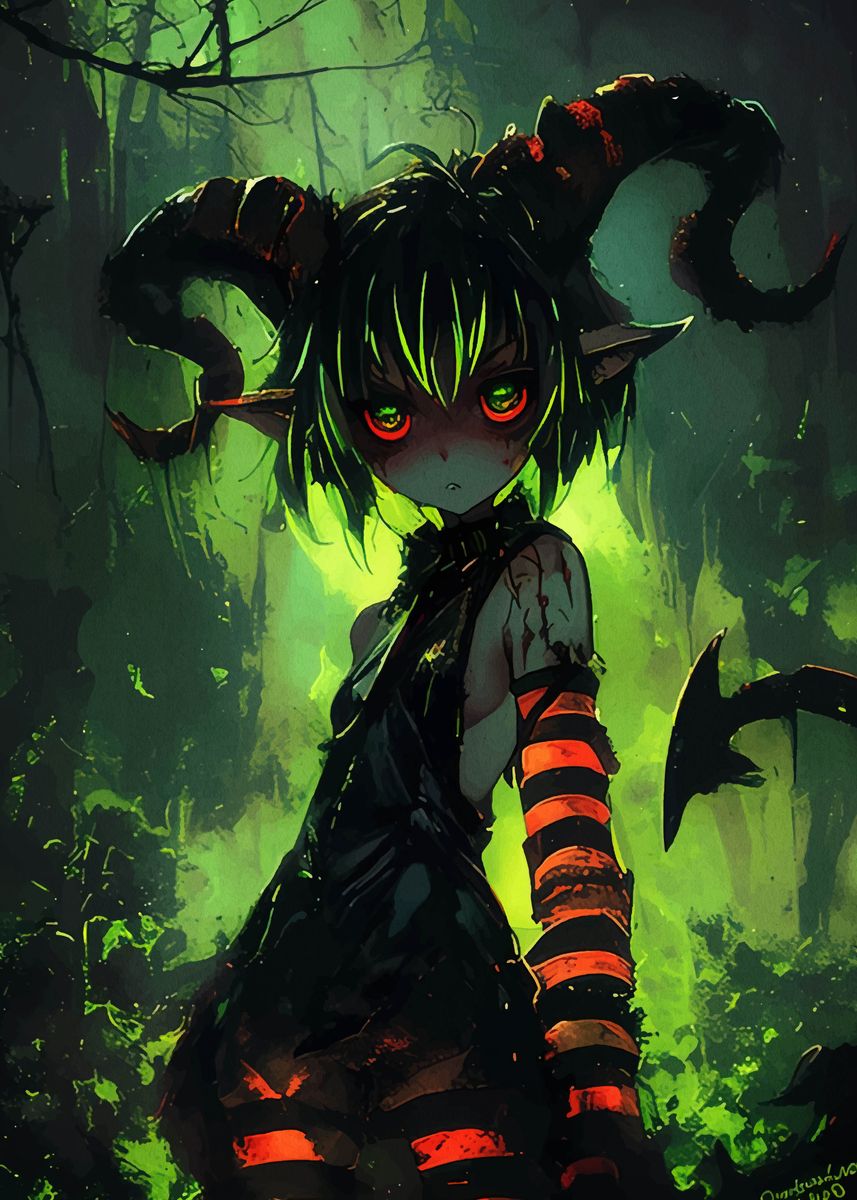 'Green-Eyed Demon Girl' Poster, picture, metal print, paint by Jayden ...
