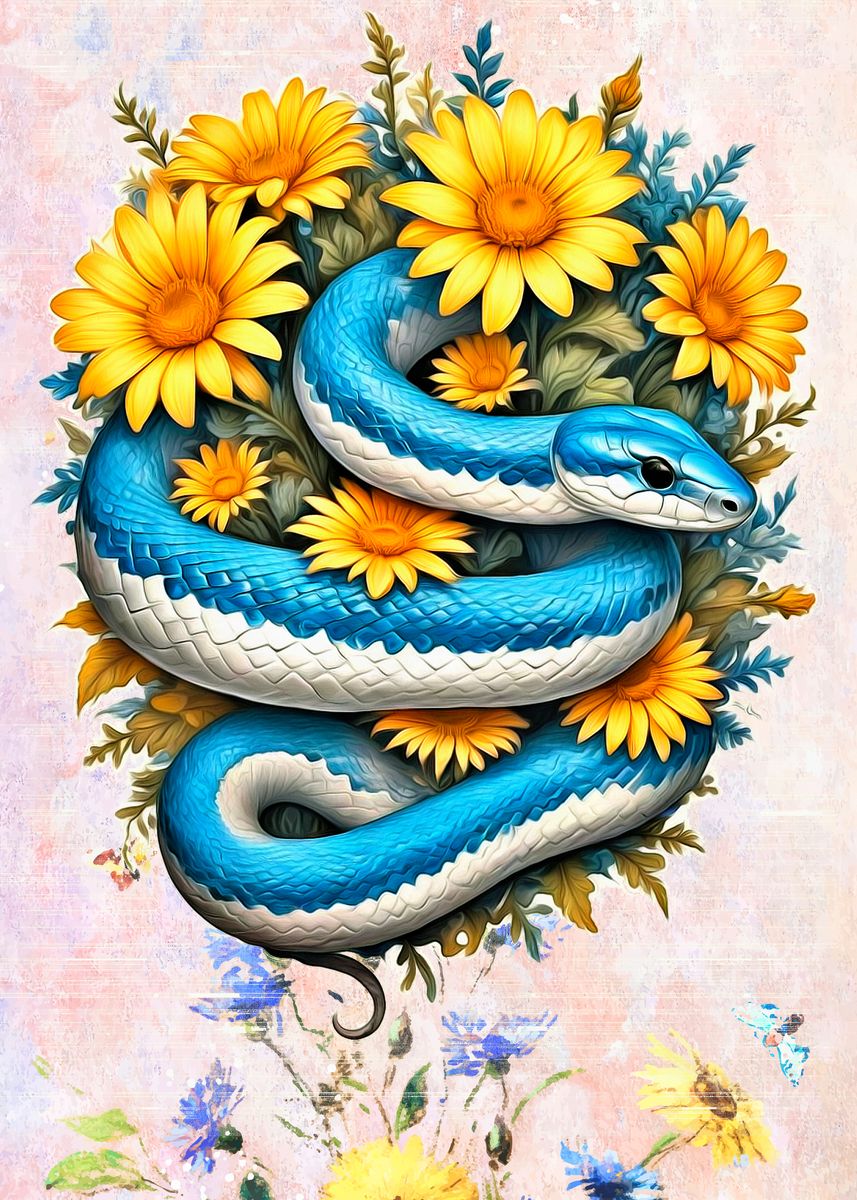 'Blue Snake in Flowers' Poster, picture, metal print, paint by Cabaret ...