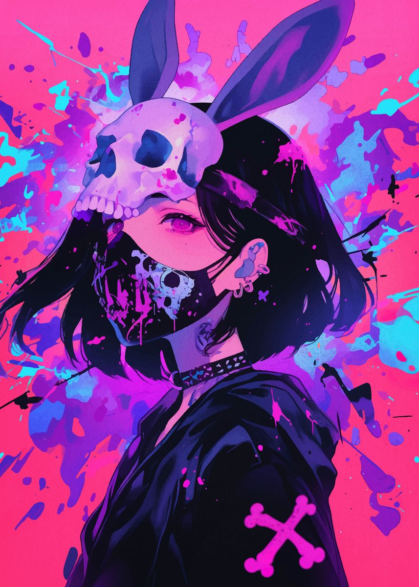 Anime Girl With Skull Mask Poster Picture Metal Print Paint By