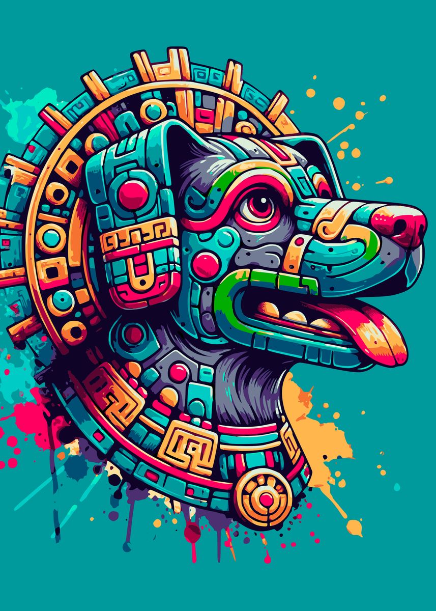 'Aztec Dog' Poster, picture, metal print, paint by Ray Crimson | Displate