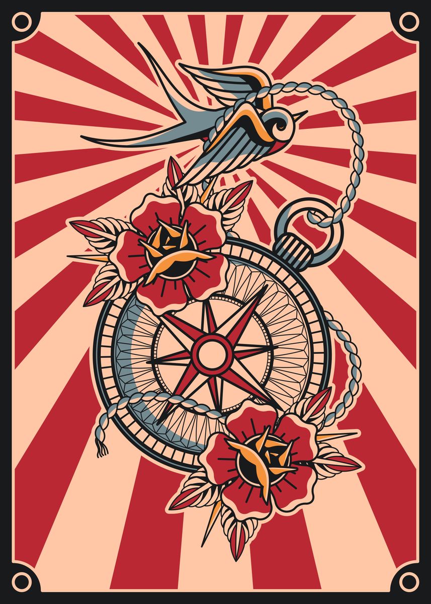 'Vintage Compass Tattoo' Poster, picture, metal print, paint by taofik ...