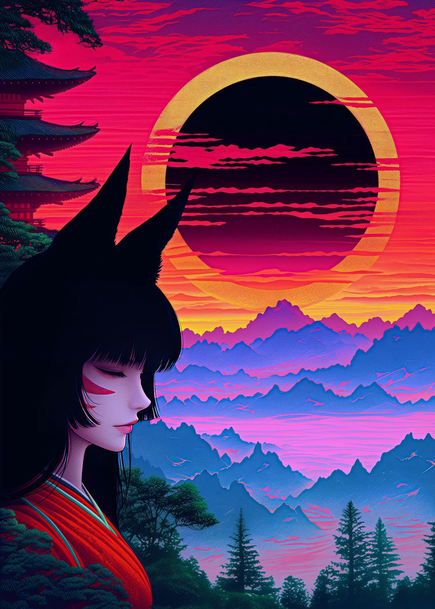 'Kitsune Sunset' Poster, picture, metal print, paint by Lorence | Displate