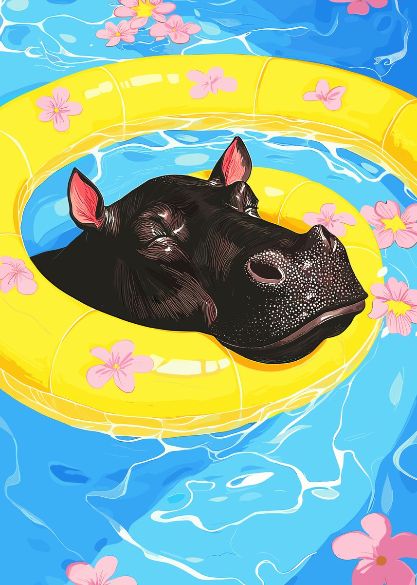'Hippo in Pool Float' Poster, picture, metal print, paint by Erzebet ...