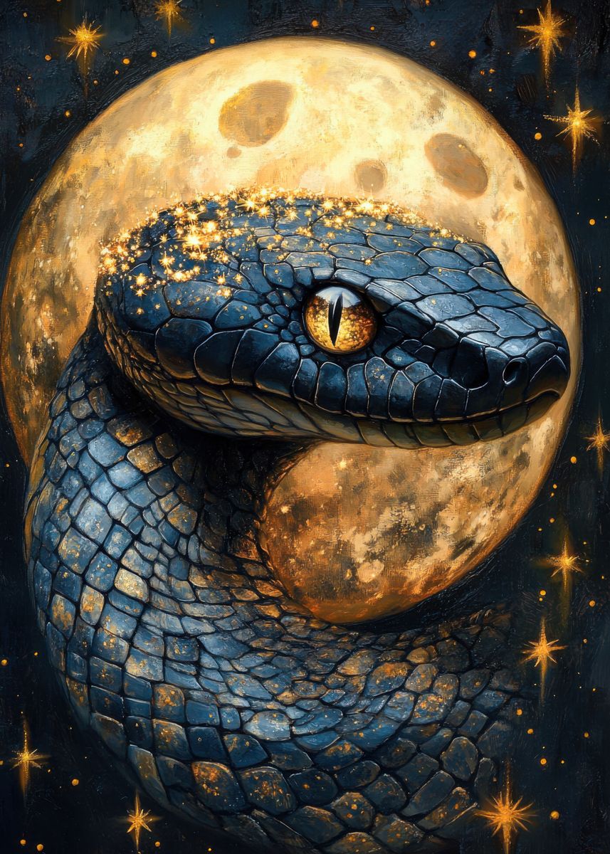 'Cosmic Serpent and Golden Moon' Poster, picture, metal print, paint by ...