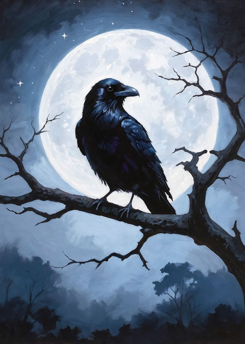 'Gothic Raven Painting Under Full Moon' Poster, picture, metal print ...