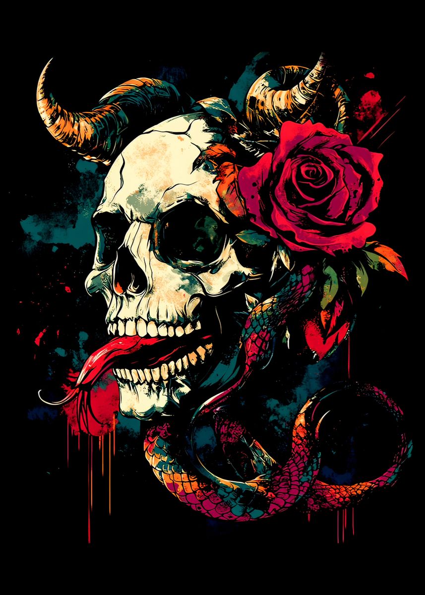 'Skull with Rose and Snake' Poster, picture, metal print, paint by ...