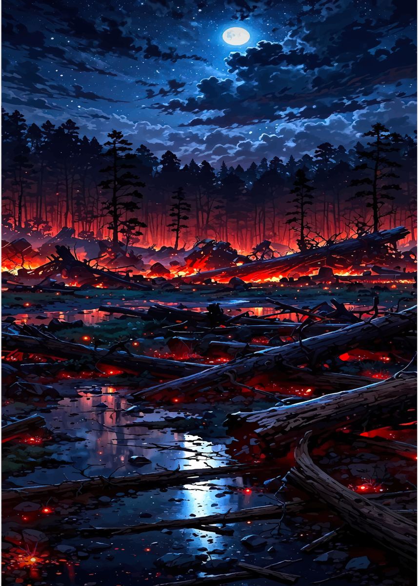 'Forest Fire Night' Poster, picture, metal print, paint by yunan | Displate